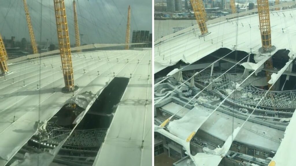 Storm Eunice shreds O2 Arena ‘to pieces’ as gale-force winds take roof off