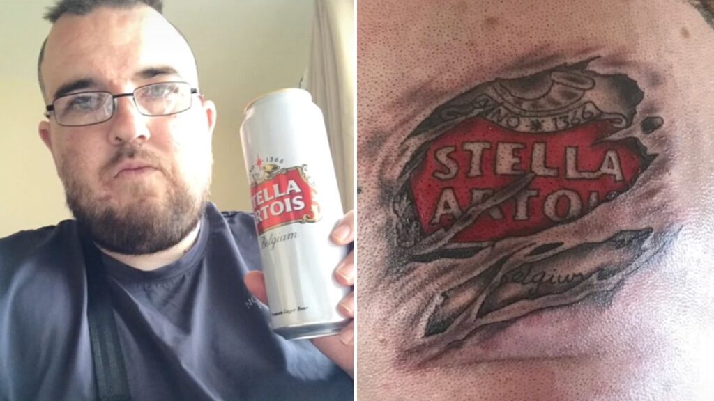 Man gets huge Stella Artois tattoo on head